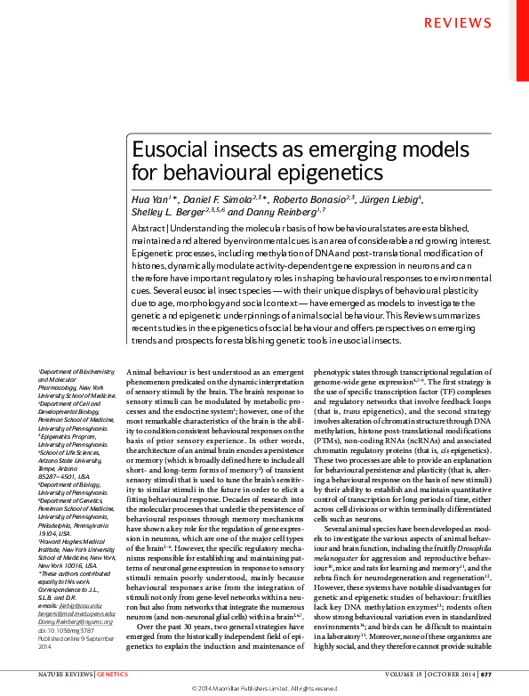 (PDF) Eusocial insects as emerging models for behavioural epigenetics