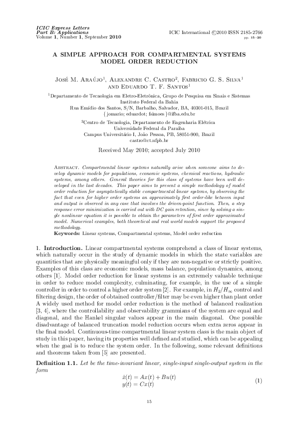 (PDF) A Simple Approach for Compartmental Systems Model Order Reduction