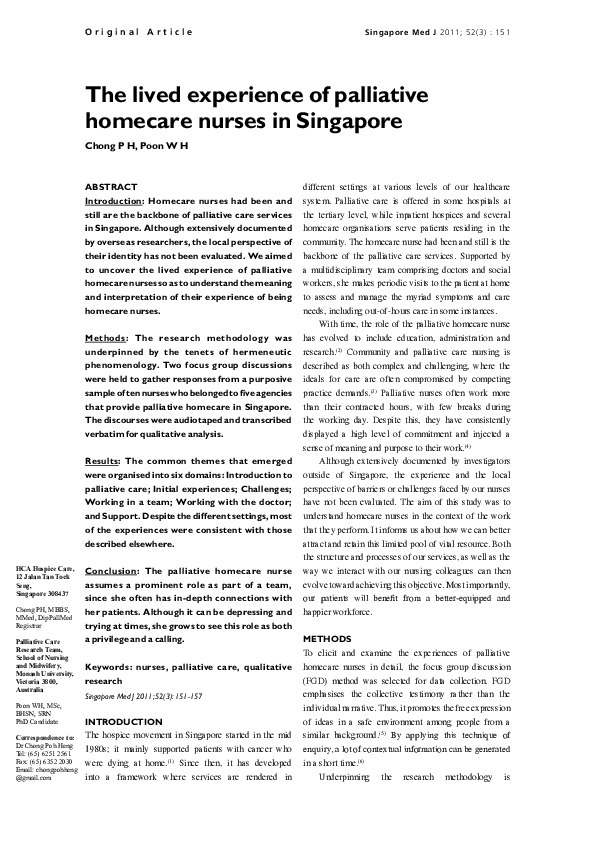 (PDF) The lived experience of palliative homecare nurses in Singapore ...