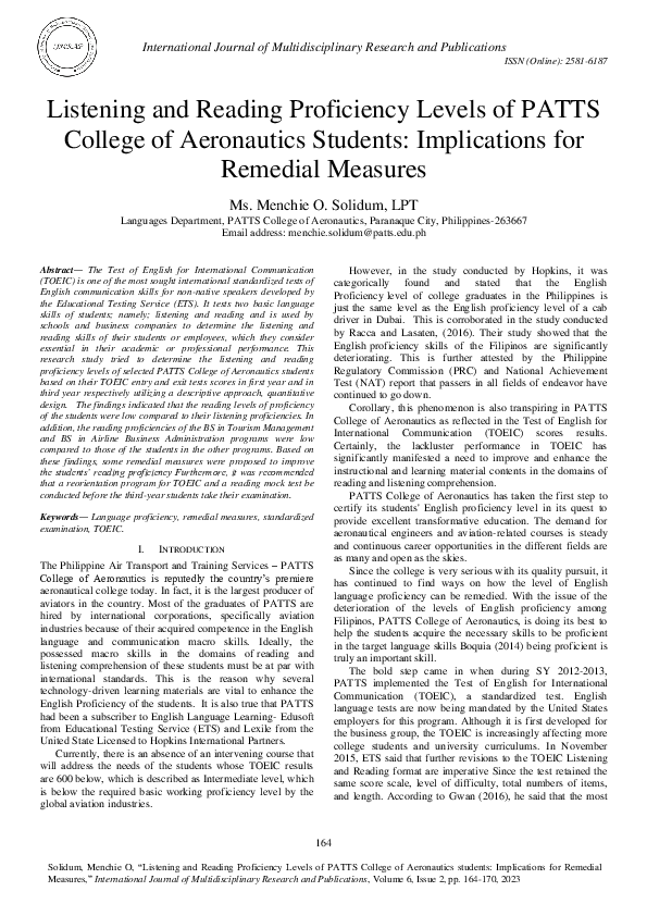 (PDF) Listening and Reading Proficiency Levels of PATTS College of ...