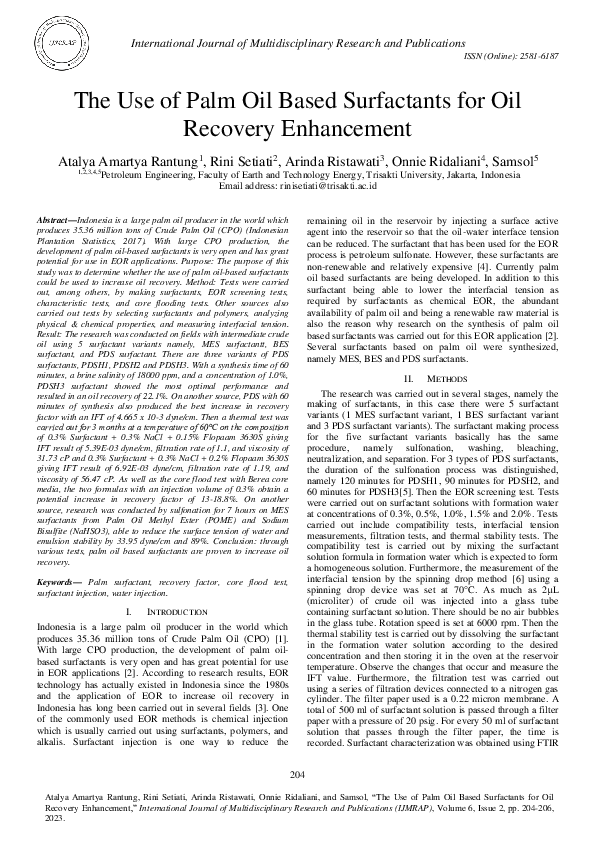 (PDF) The Use of Palm Oil Based Surfactants for Oil Recovery Enhancement