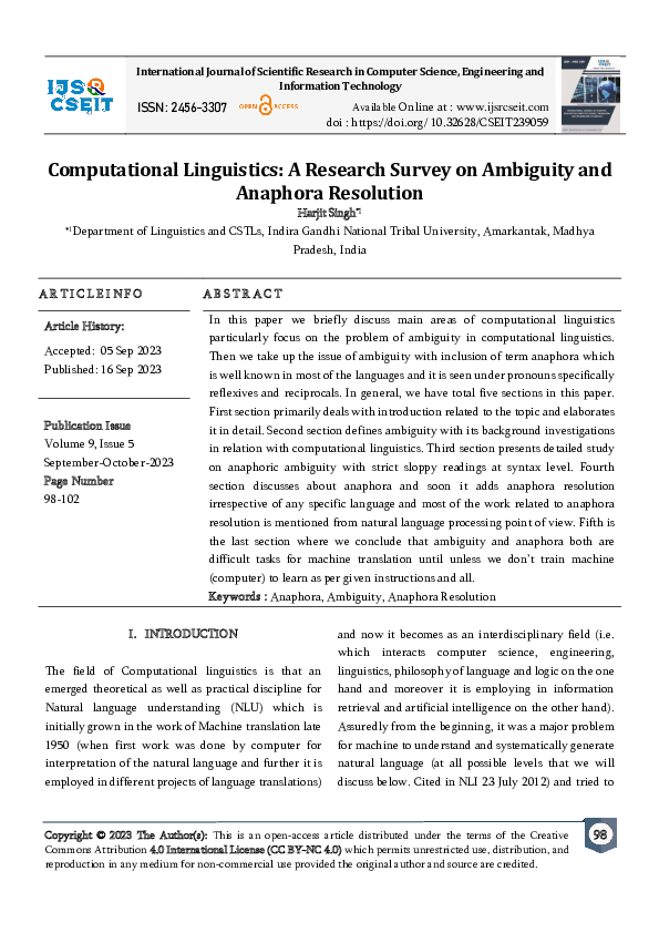 (PDF) Computational Linguistics: A Research Survey on Ambiguity and Anaphora Resolution