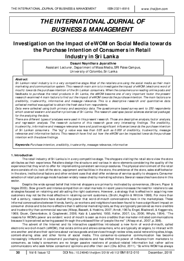 (PDF) Investigation on the Impact of eWOM on Social Media towards the Purchase Intention of ...