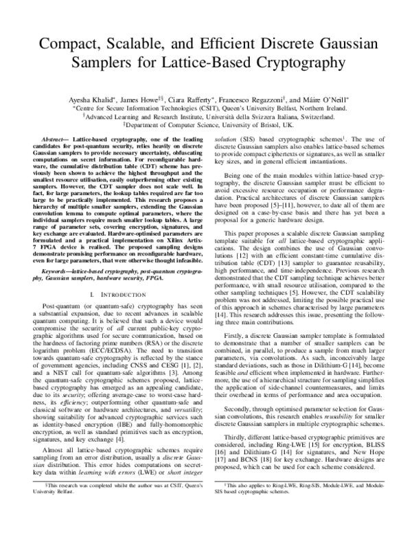 Pdf Compact Scalable And Efficient Discrete Gaussian Samplers For Lattice Based Cryptography