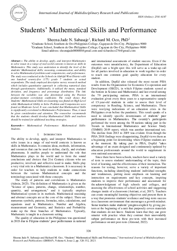 (PDF) Students' Mathematical Skills and Performance