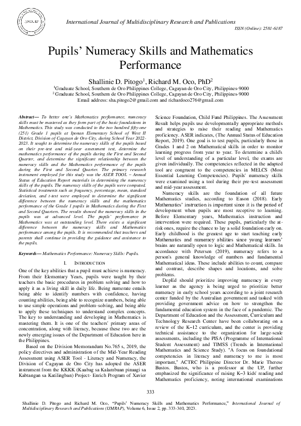 (PDF) Pupils' Numeracy Skills and Mathematics Performance