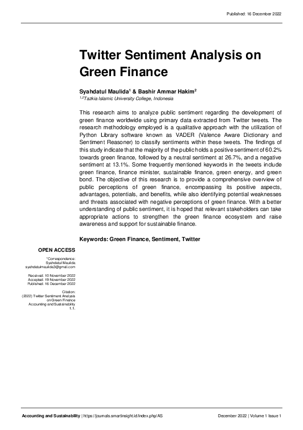 (PDF) Twitter Sentiment Analysis on Green Finance