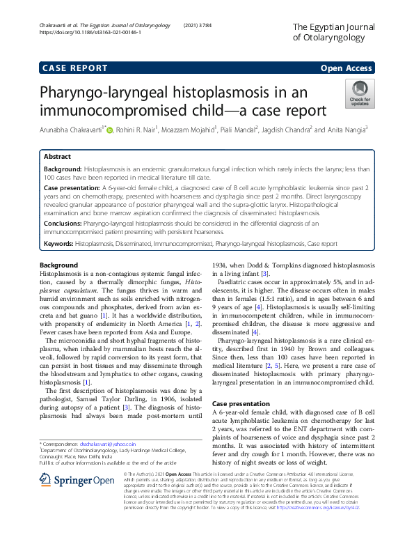 (PDF) Pharyngo-laryngeal histoplasmosis in an immunocompromised child—a ...