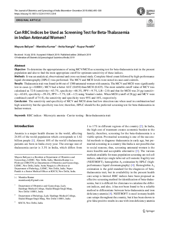 (PDF) Can RBC Indices be Used as Screening Test for Beta-Thalassemia in ...