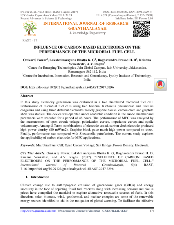 (PDF) Influence of Carbon Based Electrodes on the Performance of the Microbial Fuel Cell