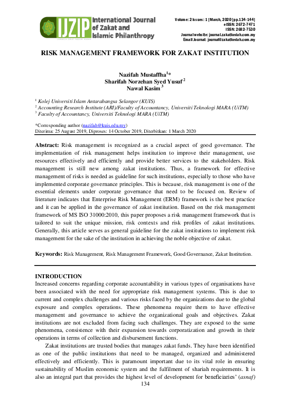 (PDF) Risk Management Framework for Zakat Institution