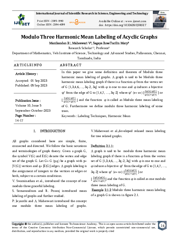 (PDF) One Modulo Three Mean Labeling of Graphs | P. Jeyanthi - Academia.edu