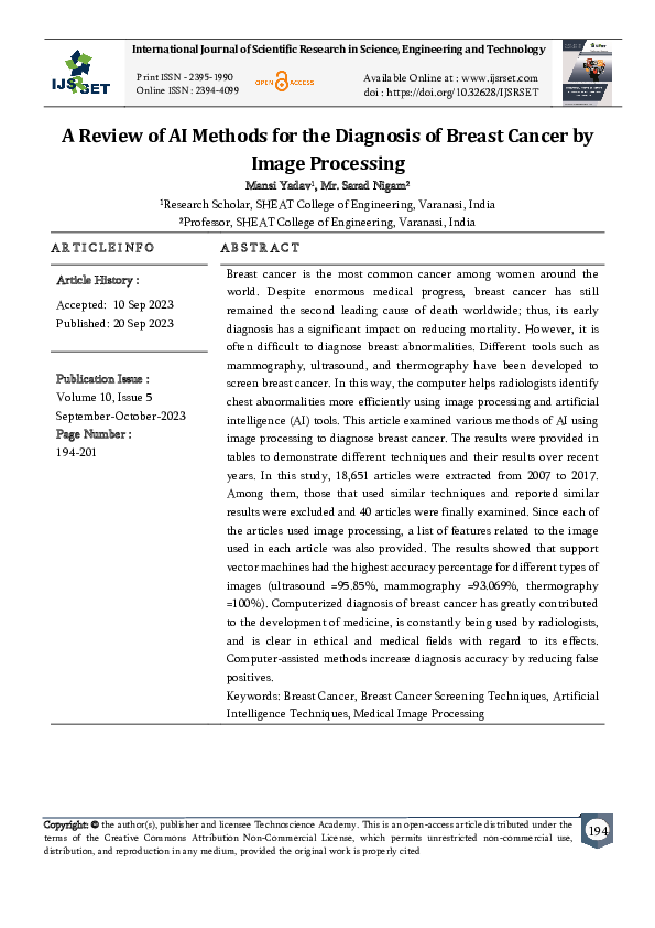 (PDF) A Review of AI Methods for the Diagnosis of Breast Cancer by ...