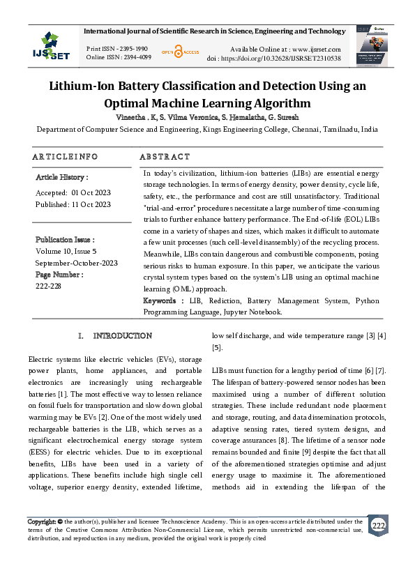 Pdf Lithium Ion Battery Classification And Detection Using An Optimal Machine Learning Algorithm