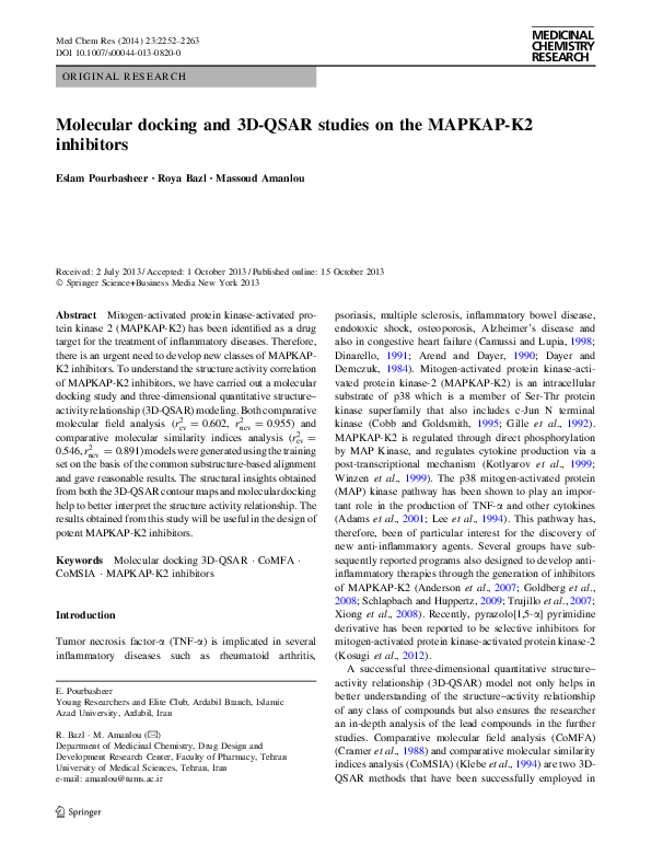 (PDF) Molecular docking and 3D-QSAR studies on the MAPKAP-K2 inhibitors