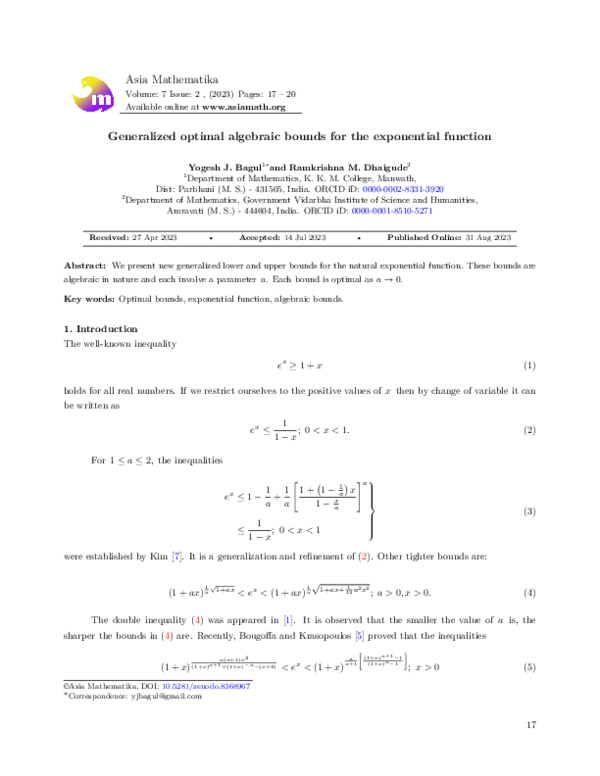 Pdf Generalized Optimal Algebraic Bounds For The Exponential Function