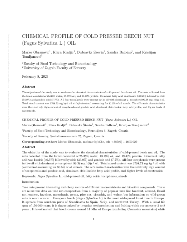 (PDF) CHEMICAL PROFILE OF COLD PRESSED BEECH NUT (Fagus Sylvatica L.) OIL