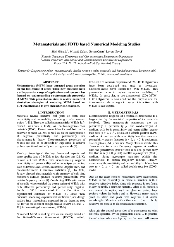 (PDF) Metamaterials and FDTD based Numerical Modeling Studies