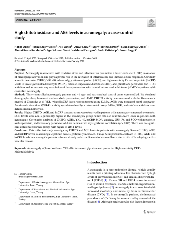 (PDF) High chitotriosidase and AGE levels in acromegaly: a case-control ...