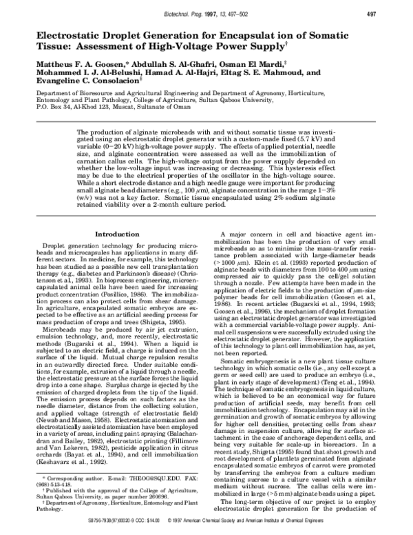 (PDF) Electrostatic Droplet Generation for Encapsulat ion of Somatic ...