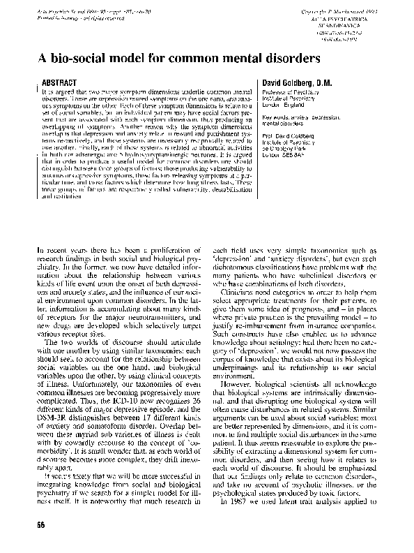 (PDF) A bio-social model for common mental disorders