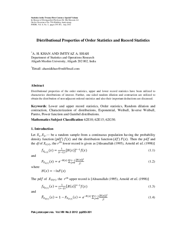 (PDF) Distributional Properties of Order Statistics and Record Statistics