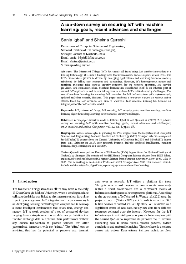 (PDF) A top-down survey on securing IoT with machine learning: goals, recent advances and challenges