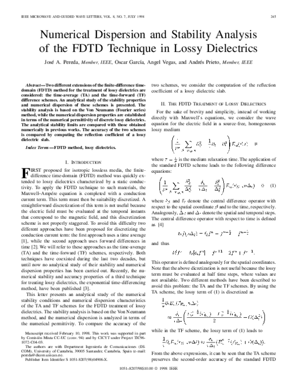 (PDF) Numerical dispersion and stability analysis of the FDTD technique in lossy dielectrics