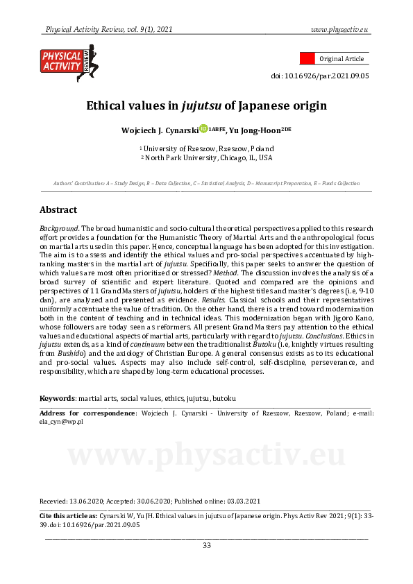(PDF) Ethical values in jujutsu of Japanese origin