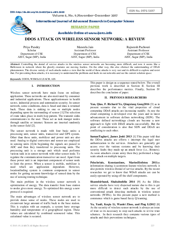 (PDF) Ddos Attack on Wireless Sensor Network: A Review