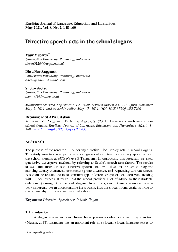 (PDF) Directive speech acts in the school slogans