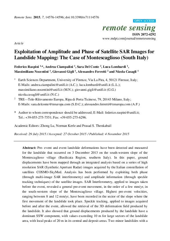 (PDF) Exploitation of Amplitude and Phase of Satellite SAR Images for Landslide Mapping: The ...