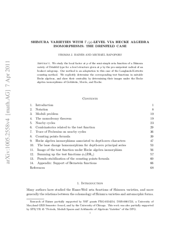 Pdf Shimura Varieties With Γ1 P Level Via Hecke Algebra Isomorphisms The Drinfeld Case