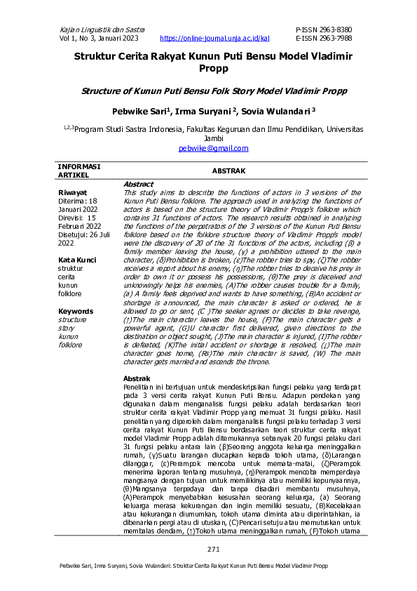 Pdf Struktur Cerita Rakyat Kunun Puti Bensu Model Vladimir Propp