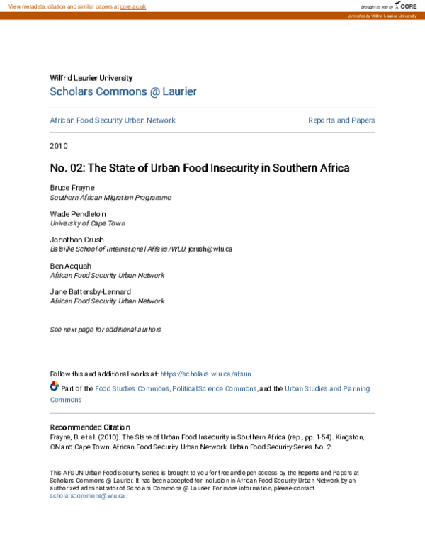 (PDF) Urban Food Insecurity in Southern Africa