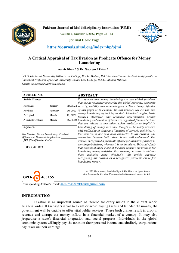 (PDF) A Critical Appraisal of Tax Evasion as Predicate Offence for ...