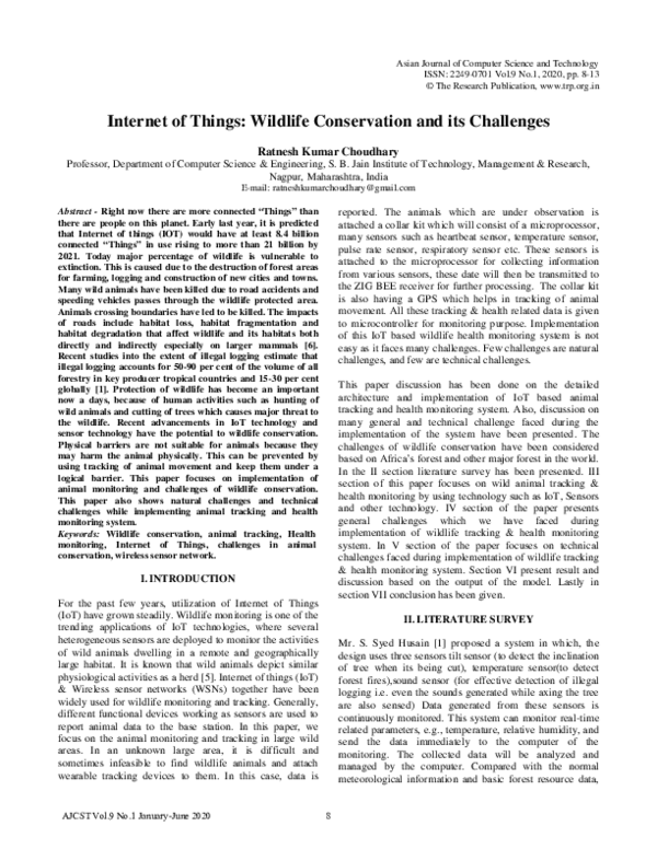 (PDF) Internet of Things: Wildlife Conservation and its Challenges