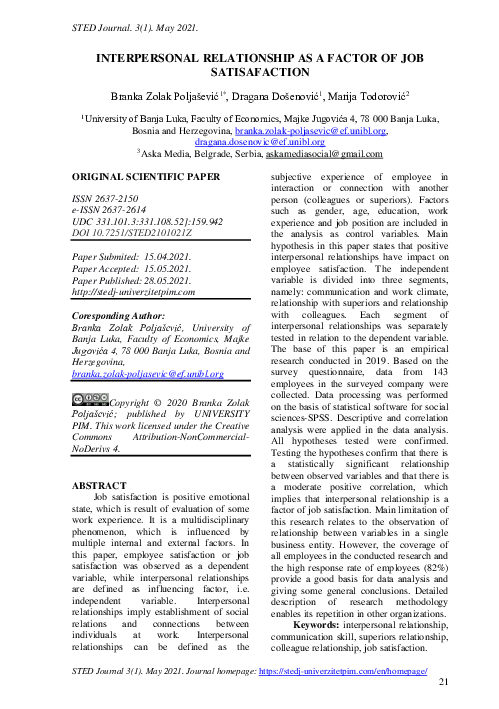 (PDF) Interpersonal Relationship as a Factor of Job Satisafaction