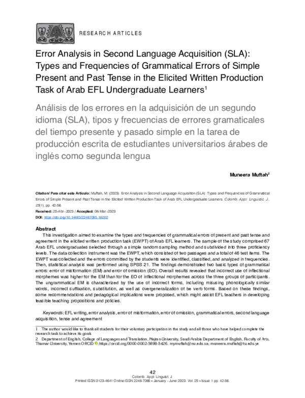 Pdf Error Analysis In Second Language Acquisition Sla Types And