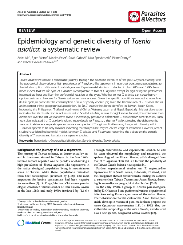 (PDF) Epidemiology and genetic diversity of Taenia asiatica: a ...