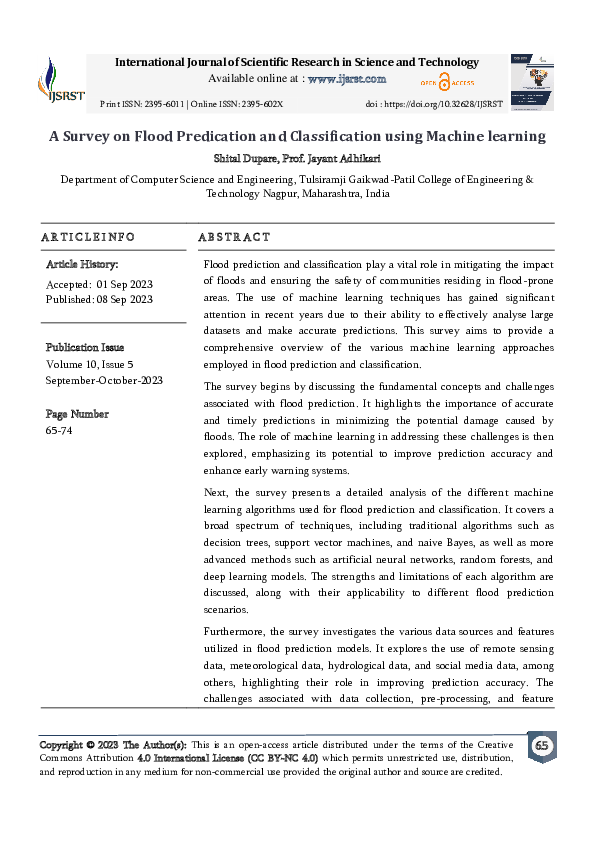 (PDF) A Survey on Flood Predication and Classification using Machine learning