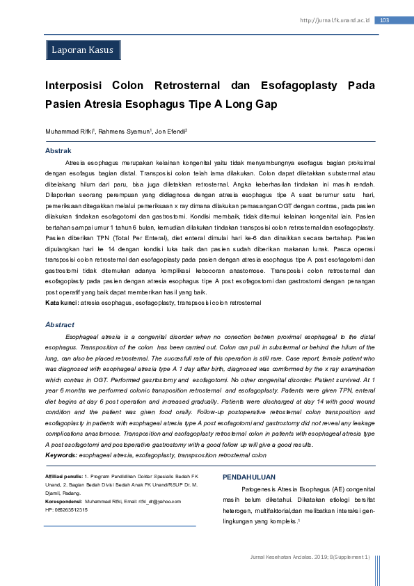 (PDF) Interposisi Colon Retrosternal dan Esofagoplasty Pada Pasien ...