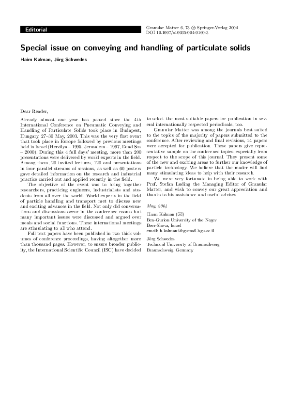 (PDF) Special issue on conveying and handling of particulate solids ...