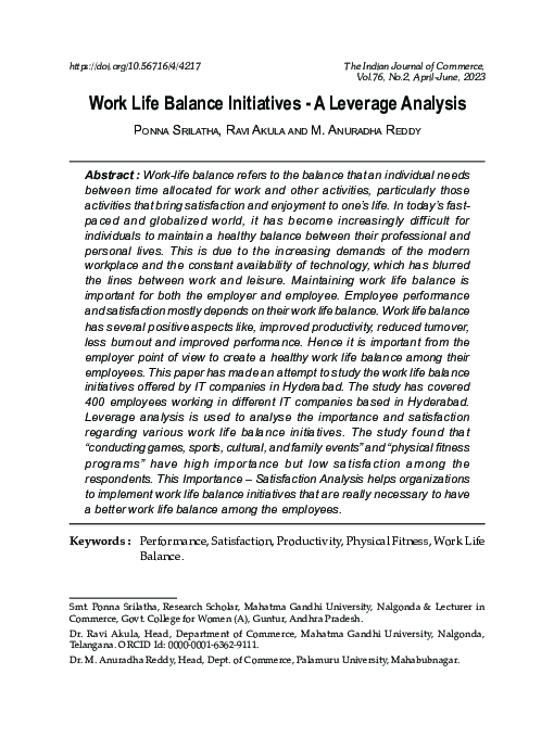 (PDF) Work Life Balance Initiatives -A Leverage Analysis