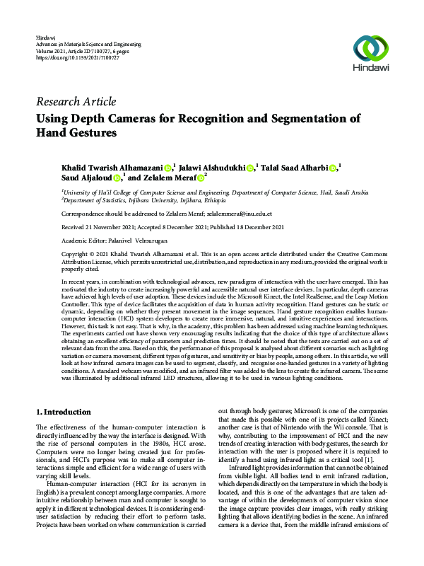 Pdf Using Depth Cameras For Recognition And Segmentation Of Hand Gestures
