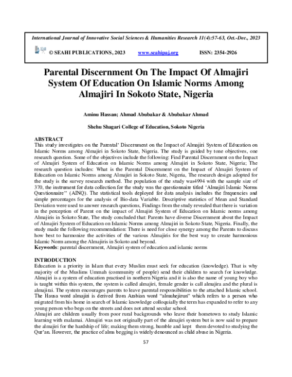 (PDF) Parental Discernment On The Impact Of Almajiri System Of Education On Islamic Norms Among ...