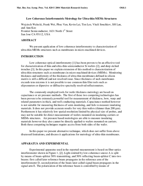 (PDF) Low Coherence Interferometric Metrology for Ultra-thin MEMs ...