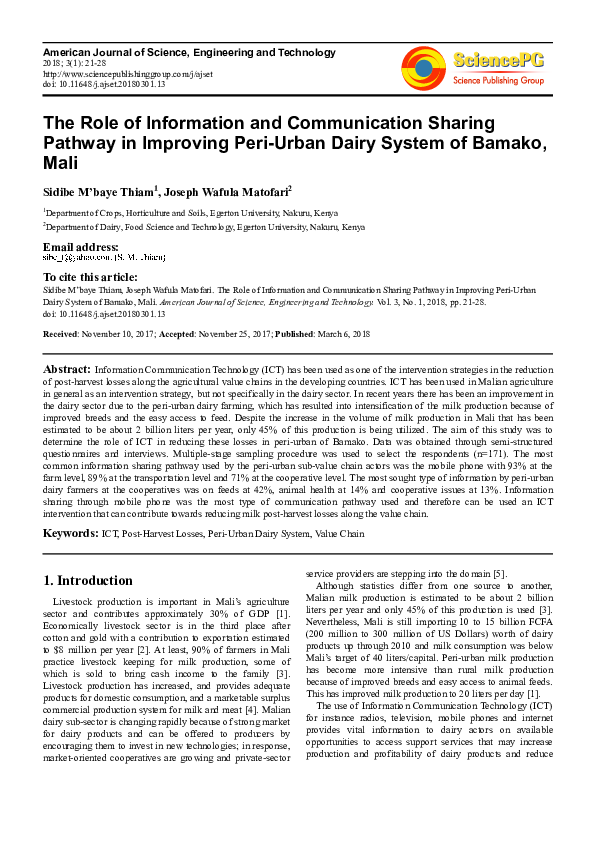 (PDF) The Role of Information and Communication Sharing Pathway in Improving Peri-Urban Dairy ...