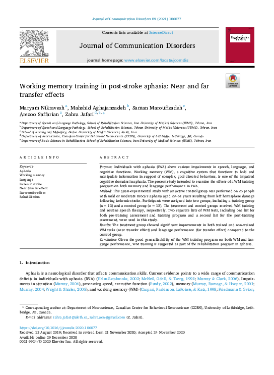 (PDF) Working memory training in post-stroke aphasia: Near and far transfer effects