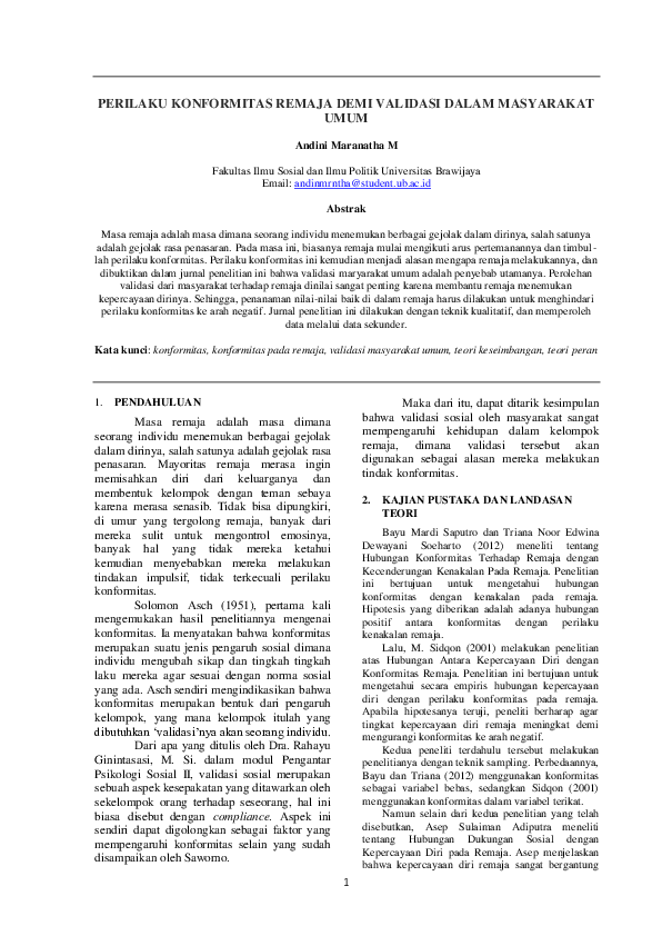 (PDF) PERILAKU KONFORMITAS REMAJA DEMI VALIDASI DALAM MASYARAKAT UMUM